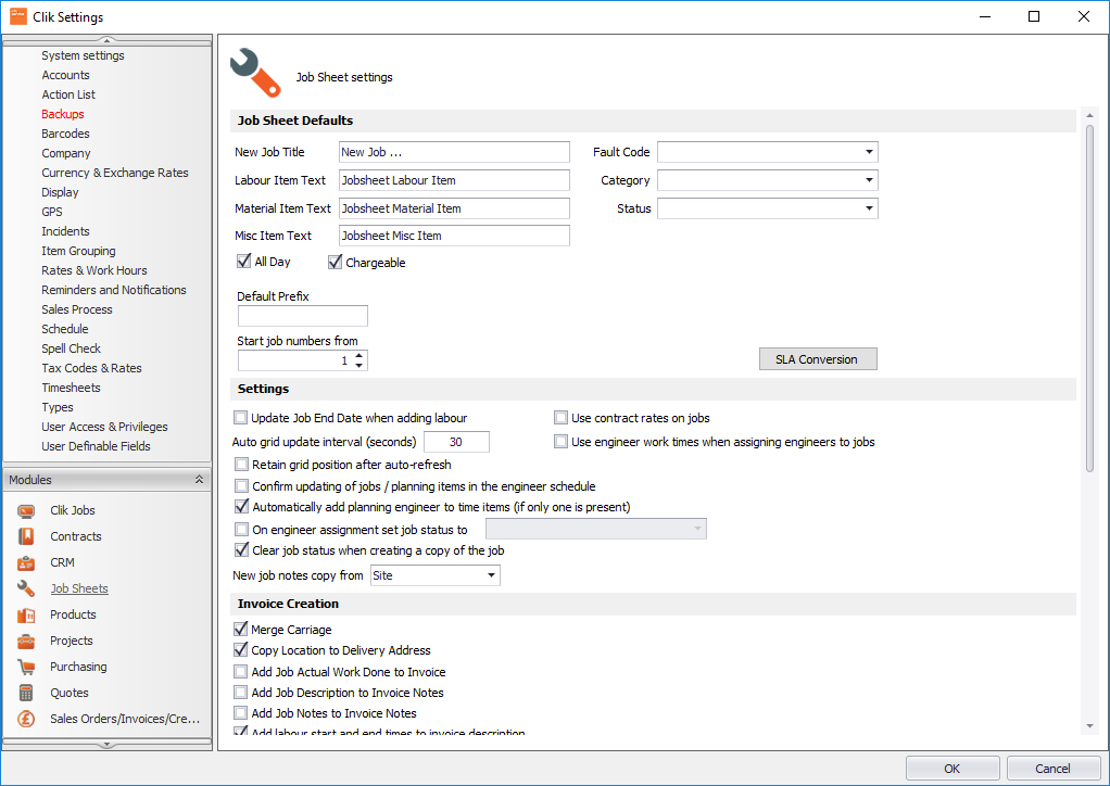 Job Sheet Settings - CS – Clik
