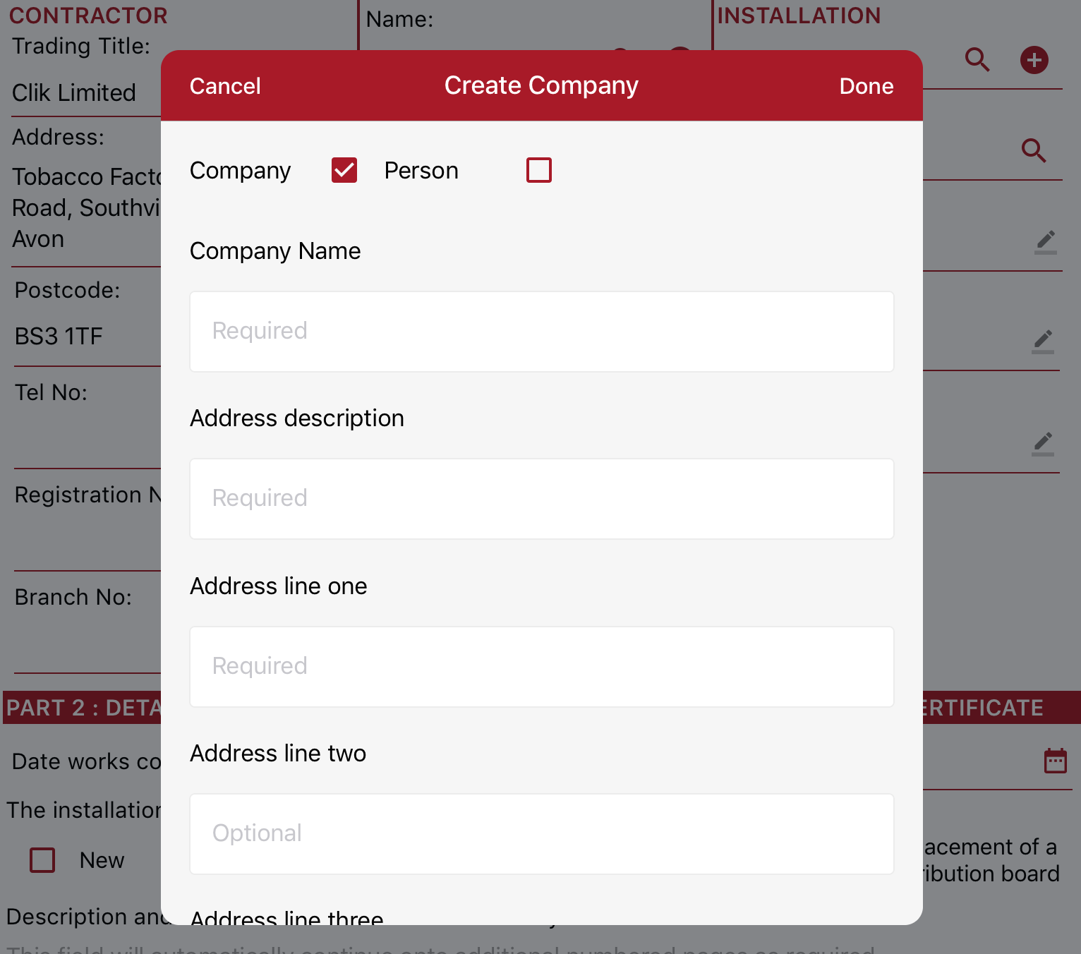 Adding Address Fields | NICEIC Apps – Clik