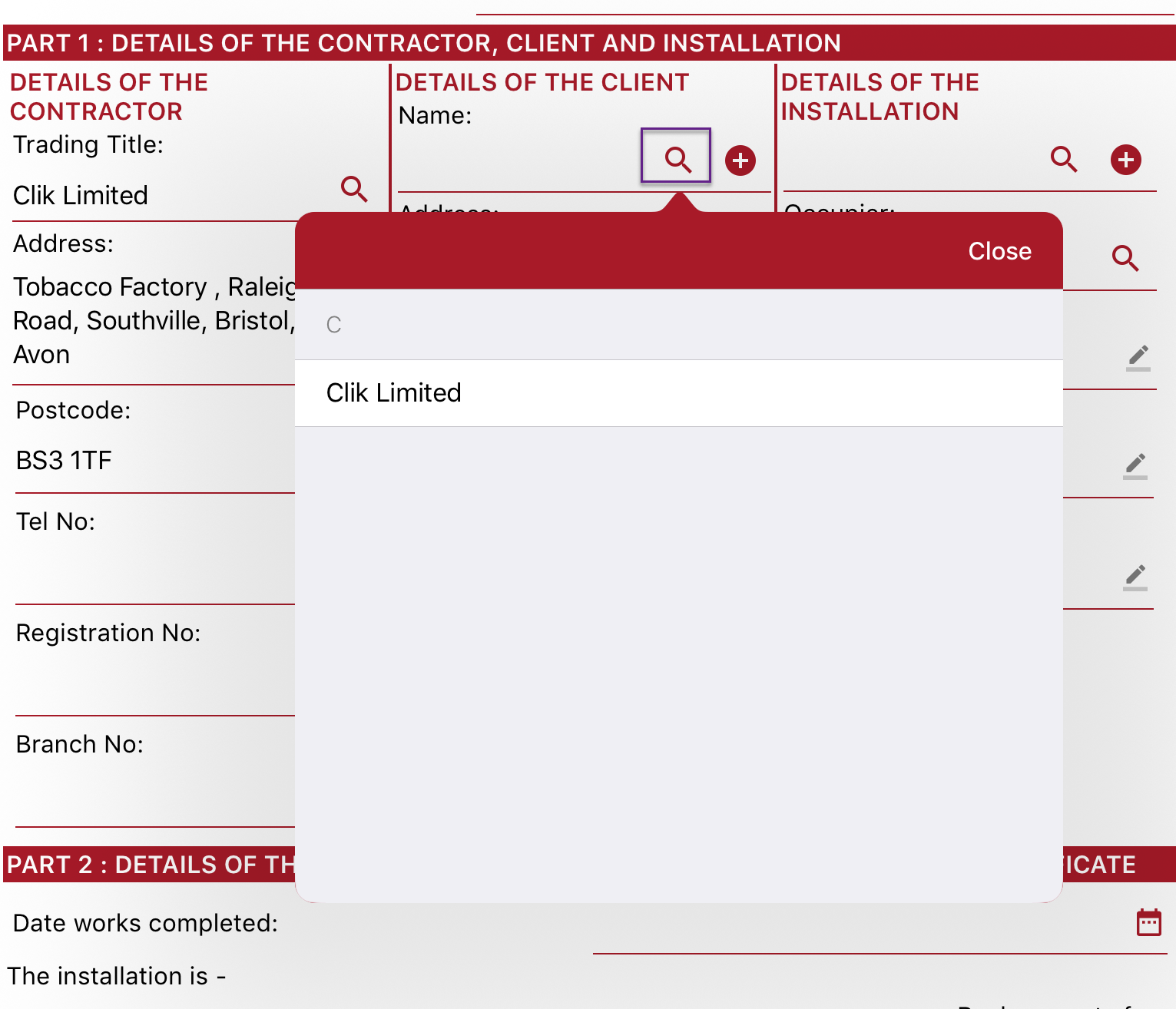 Adding Address Fields | NICEIC Apps – Clik