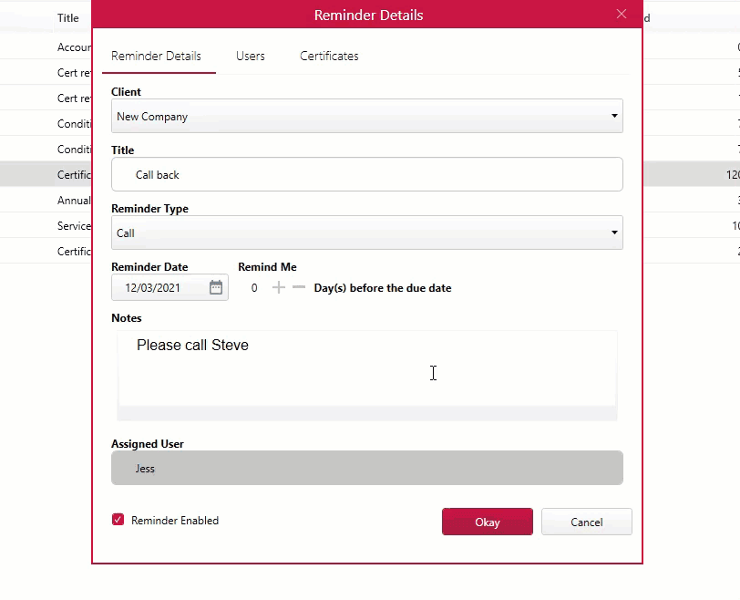 Adding Reminder Types | NICEIC – Clik