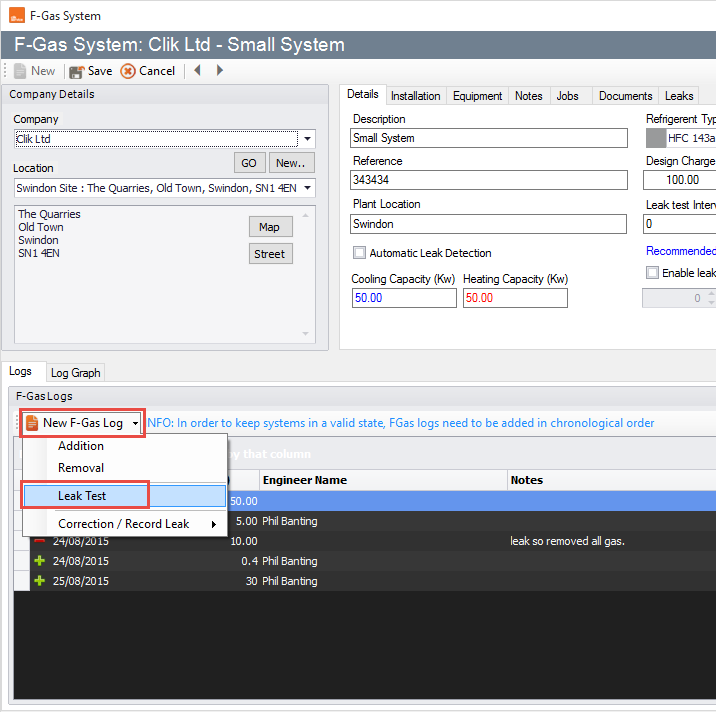 Creating An F-Gas Leak Test Log Entry - CS – Clik