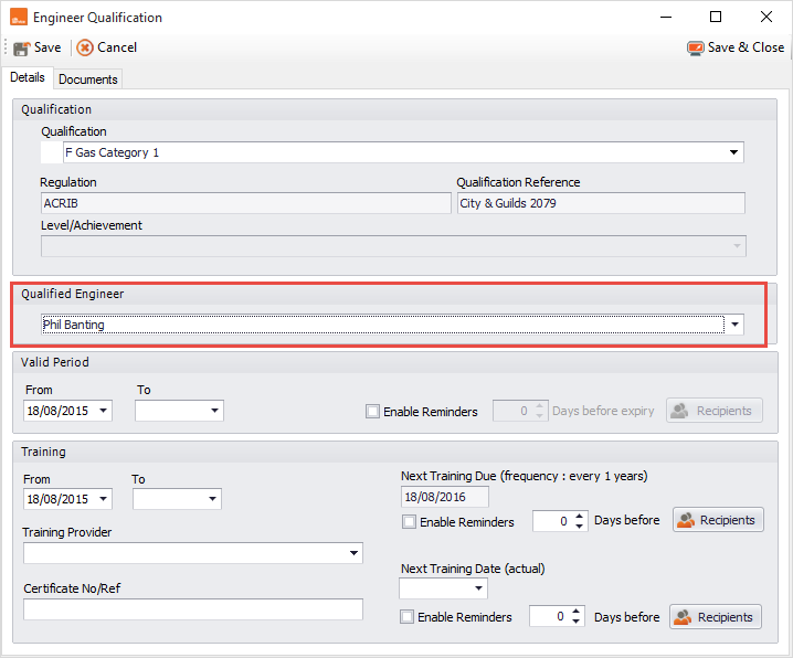 Assign Engineers & Set Reminders For Qualifications - CS – Clik